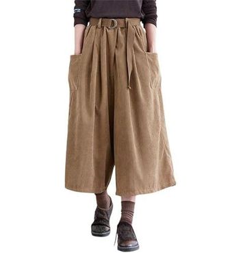 Generic Pantalon court en velours c&ocirc;tel&eacute; taille haute &eacute;lastique pour femme, pantalon baggy baril pour femme, jupe-culotte avec ceinture, kaki, M