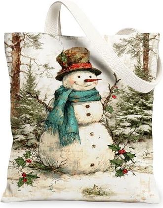 Generic Sacs fourre-tout en toile motif bonhomme de neige dhiver, sacs d&eacute;picerie r&eacute;utilisables, l&eacute;gers et lavables avec bandouli&egrave;re en toile, blanc, 13x15 Inc