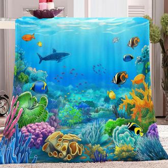 Generic Unterwasserszene, Fische, Korallen, Cartoon Kuscheldecke Blau Flauschig Decke Fleecedecke, Sofa Überwurfdecke, Wohndecke Warm Weich Sherpa Wolldecke, 