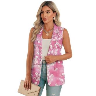 CHAQLIN Gilet sans manches pour femme - Style vintage - Boutonné - Avec poches, Fleurs de cerisier, XXL