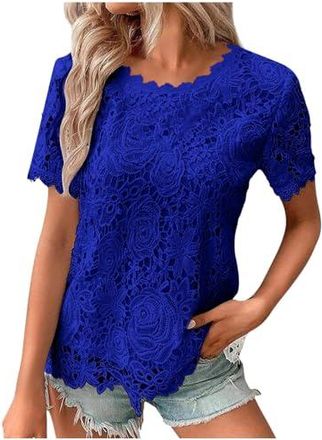 Generic 2025 T-Shirts à Manches Courtes Femme Sexy- Haut Dentelle Col Rond Crochet Double Épaisseur Ample Couleur Unie Top Décontracté Tendance Été Élégants C