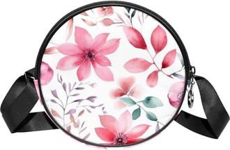 Generic Petit sac &agrave; bandouli&egrave;re circulaire pour femme, motif feuilles florales, sac &agrave; dos avec fermeture &eacute;clair, bretelles r&eacute;glables, sac &agrave; main rond d&eacute;contra