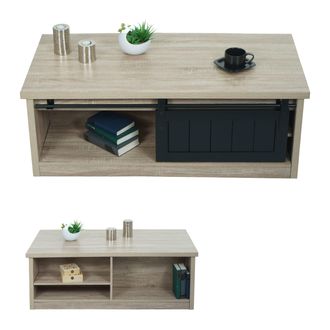 Mendler Couchtisch HWC-K75, Beistelltisch Wohnzimmertisch, Schiebet&uuml;re 6 Stauf&auml;cher, Holz-Optik Metall 44x120x60cm - naturfarben