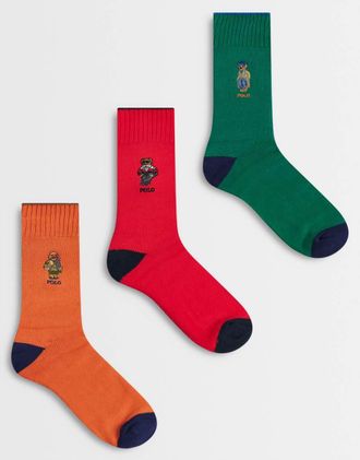 Polo Ralph Lauren coffret cadeau de 3 paires de chaussettes mi-mollet &agrave; imprim&eacute; ours, vert, bleu et rouge