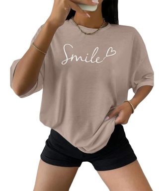 TOMWELL Damen Tshirt Kurzarm Sommer Oberteile Oversized T-Shirt mit Buchstaben Druck Lose Rundhals Sport Shirt Teenager M&auml;dchen Top Tunika Lang J Khaki XXL