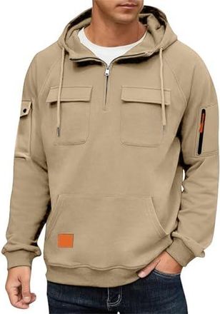 Generic Sweat &agrave; capuche l&eacute;ger uni pour homme - Mode automne et hiver - Manches longues - Bouton - Manches longues - Demi-fermeture &eacute;clair - Pour entra&icirc;nement 