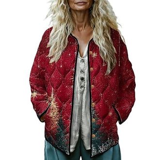 Generic Veste matelassée à imprimé sapin de Noël pour femme - Manteau matelassé rétro fantaisie avec motif graphique festif, manches longues boutonnées et col