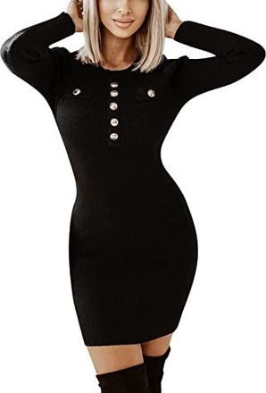 Generic Robes amincissantes d&eacute;contract&eacute;es en tricot c&ocirc;tel&eacute; de couleur unie &agrave; manches longues et taille ajust&eacute;e pour femme, Noir, M