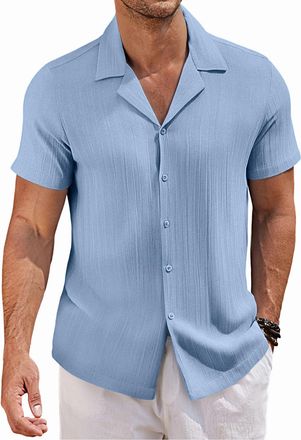 Coofandy Hemd Herren Kurzarm Sommer Freizeithemd Kuban Kragen Männer Kurzarmhemd Gestreiftes Haiwaiihemd Guayabera Shirt Blau L