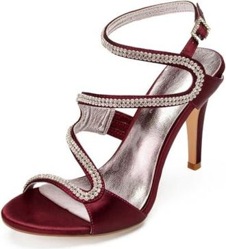 Generic Satin Chaussures De Mariée Mariage Femmes Stylet Ouvert Bout Sandales Eté Talon Mariage Soirée Chaussures10.5Cm,Burgundy,36 EU