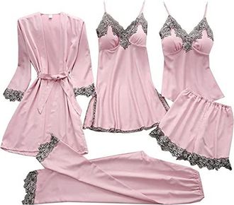 Generic Ensemble de pyjama 5 pi&egrave;ces en satin et dentelle pour femme avec robe, rose, XL
