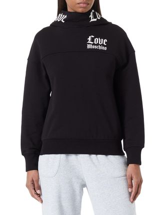 Love Moschino Long-Sleeved Sweatshirt with Wraparound Hood in Stretch Cotton Fleece, Customized with Gothic Love Print on hoods Band and Gothic Logo Print on The Fr