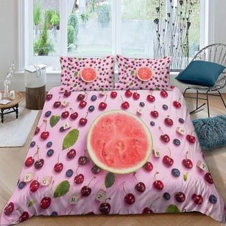 Generic Housse de Couette 200x200 Past&egrave;que et Cerises Parure de Lit 2 Personnes Alphabet Imprim&eacute;e 3D Microfibre Literie Set 3 Pi&egrave;ces avec Housses Couettes et 