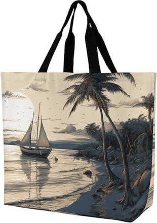 Generic Palmiers Bateau De P&ecirc;che Sac Fourre-Tout Pliable Tote Bag L&eacute;ger Sac &Agrave; Bandouli&egrave;re Pour Voyage Shopping Travail