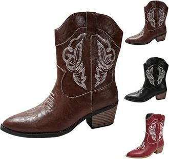 Generic Bottes de cowboy pour femme - Bottes mi-larges à talon épais - En cuir synthétique brodé - Bout pointu - Chaussures de mariage occidentales, café, 39.