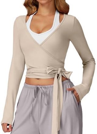Feoya Haut Cache-CoeUr pour Femme De Ballet &agrave; Manches Longues Nou&eacute; sur Le Devant Yoga Pilates Haut De Gymnastique Dancewear Beige L