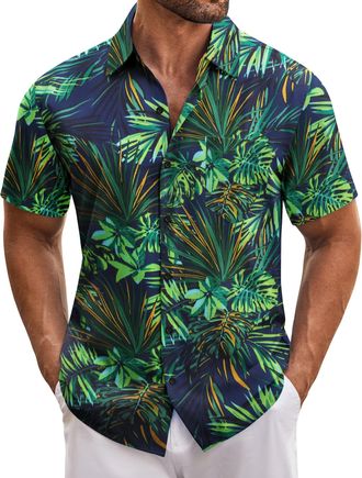 Coofandy Hawaii Hemd Männer Kurzarm Sommer Herren Hemden Casual Palmblätter Hawaii Kostüm Blumenmuster Button Down Hawaiihemd mit Tasche PAT8 M