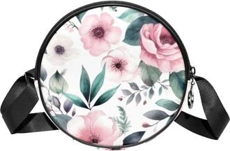 Generic Petit sac &agrave; bandouli&egrave;re circulaire pour femme, motif feuilles florales, sac &agrave; dos avec fermeture &eacute;clair, bretelles r&eacute;glables, sac &agrave; main rond d&eacute;contra