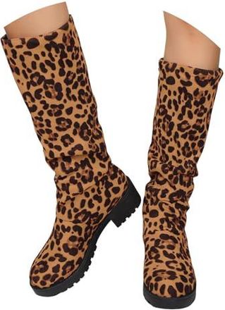 Generic Bottes montantes en daim pour femme 2025, mode dhiver, couleur unie, mollet large froncé, bout rond, confortables, antidérapantes, décontractées, conf