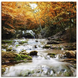 Artland Wanddeko Leinwand Bilder Wandbild 50x50 cm Herbst Landschaft Natur Wald Wasserfall Fluss T5TE