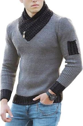 Generic Pull col roul&eacute; zipp&eacute; pour Homme, Tricot torsad&eacute;, Coupe ajust&eacute;e, c&ocirc;tel&eacute;, Manches Longues, Haut dhiver, Gris Clair, Taille M