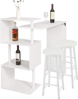Woltu Bartisch mit 2 Barhockern Set, drehbarer Stehtisch mit 3 Ablagefläche, Bistrotisch mit Barstuhl aus Holz & Metall, 134x38x112cm, Weiß