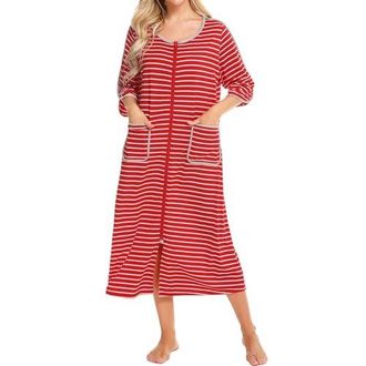 Generic Chemise de nuit &agrave; carreaux pour femme - V&ecirc;tement de nuit d&eacute;contract&eacute; &agrave; col rond avec poches - Chemise de nuit ample &agrave; manches 3/4 - Robe de chambre l&eacute;
