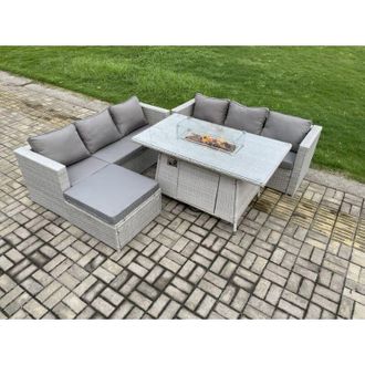 Fimous 7-Sitzer Polyrattan Gartenm&ouml;bel Set mit 2 Sofa, Gas Feuertisch und Gro&szlig;er Hocker Outdoor Terrassen Essgruppe Helles Grau - Fimous