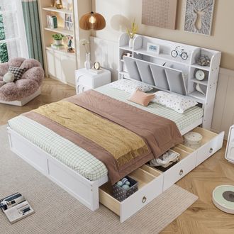 Generic Doppelbett mit offenem Regal und Schubladen auf Rollen, Klapptür-Ablage und stabilem Kiefernholzrahmen, gepolsterte Rückenlehne aus Samt, funktionales