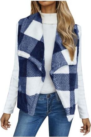 Generic Vestes pour femmes 2026 gilet &agrave; revers imprim&eacute; &eacute;cossais veste sans manches d&eacute;contract&eacute;e chaude hiver v&ecirc;tements dext&eacute;rieur, bleu, XXL