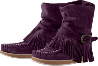 Generic Bottines de cowboy plates à franges pour femme - Bottines de cowgirl courtes à franges - Bottines dautomne et dhiver - Chaussures plates à rivets en d