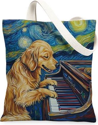 Generic Golden Retriever Sac fourre-tout en toile r&eacute;utilisable pour faire du shopping 33 x 38,1 cm, motif piano &eacute;toil&eacute;, sac d&eacute;picerie r&eacute;utilisable pour femme,