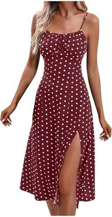 Generic Robe Ete Femme Mi Longue, Robe dété sans Manches pour Femme Robes de Plage été à Bretelles Spaghetti Ajustables Floral Fente Slim Fit Décontractée,Vin