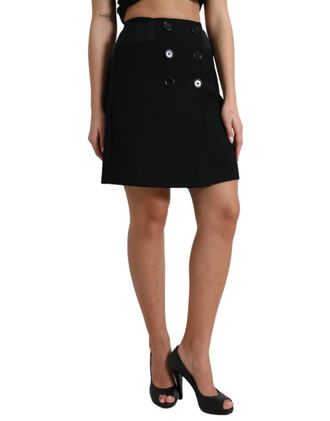 Dolce & Gabbana Womens Black Wool Button High Waist Aline Mini Skirt Virgin