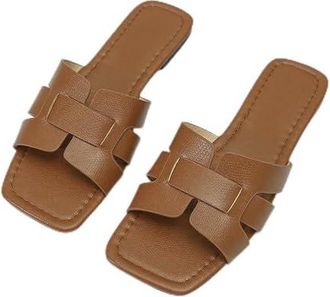 Generic ZBDZSW Luxe Summer Slippers Femmes Flat Outdoor Tendance Plage Sandales Femme Flip Flops Marque Design Slides Chaussures Femme Grande Taille, marron, 