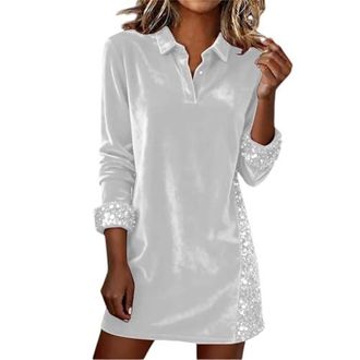 Generic Mini robe chemise en velours &agrave; paillettes pour femme, manches longues, col en V, revers &agrave; revers, blanc, XXL