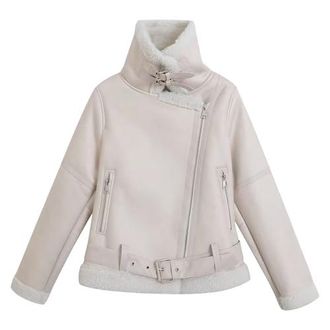 Generic Veste en similicuir pour femme, doublure &eacute;paisse, fermeture &eacute;clair, parka dhiver en peau lain&eacute;e avec poches, blanc cass&eacute;, taille L