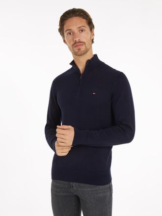 Tommy Hilfiger Troyer TOMMY HILFIGER PIMA ORG CTN CASHMERE ZIP MOCK, Herren, Gr. M (48/50), blau (desert sky), Obermaterial: 95% Baumwolle, 5% Kaschmir, Rippstrickb&uuml;