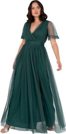 Anaya with Love Ladies Maxi Dress Women V Neckline Short Sleeve Frilly Long Empire Waist for Wedding Guest Bridesmaid Maid of Honour, Emerald Green, 54 Femme
