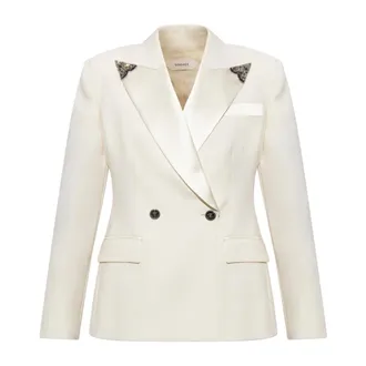Versace Blazer en Laine Stretch &agrave; Revers Brod&eacute; - Femme - Vestes - Beige - Taille: 40 FR