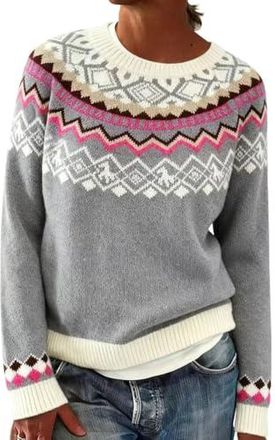 Minetom Pull Femme Norv&eacute;gien Chaud Chic Pullover De No&euml;l Tricot&eacute; Col Rond &Agrave; Manches Longues Sweater Motif Jacquard Grande Taille D&eacute;contract&eacute;s Automne Hiver E 