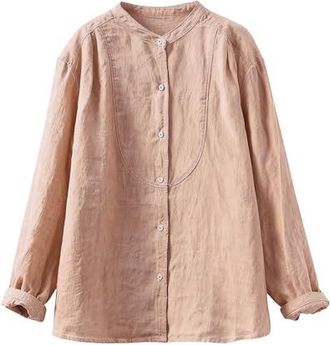 Generic Chemisier en lin &agrave; manches longues pour femme - Chemisier basique en mousseline de coton de couleur unie - Chemisier en lin avec boutons - T-shirt boh