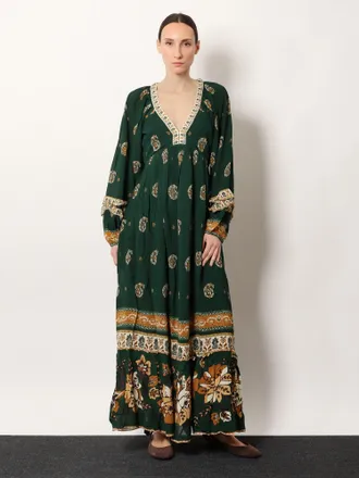 Farm Rio Womens Ayla Maxi Dress With Beaded Trim Green Viscose
