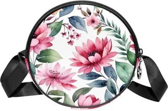 Generic Petit sac &agrave; bandouli&egrave;re circulaire pour femme, motif feuilles florales, sac &agrave; dos avec fermeture &eacute;clair, bretelles r&eacute;glables, sac &agrave; main rond d&eacute;contra