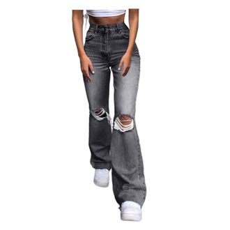 Generic High Waist Jeans Damen mit Löchern - Baggy Jeans Damen Stretch- Zerrissene Jeanshose Damen Lang Straight Leg Weites Bein Denim Hose Locker Damenjeans 