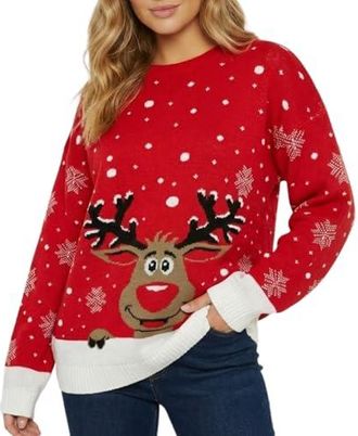 Janisramone Pull de No&euml;l fantaisie pour femme, pull de No&euml;l tricot&eacute; avec renne, manches longues, col rond, Rudolphe, pull de No&euml;l amusant pour femme, 52-54 Grande