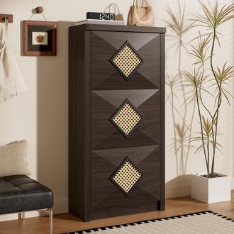 Generic Schuhkipper Schmal Schuhschrank Rattan Vintage 3 Klappen Schuhregal Hoch Platzsparend f&uuml;r Flur Eingang Shoe Cabinet Retro Design Holzoptik Dunkelbraun