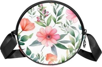 Generic Petit sac &agrave; bandouli&egrave;re circulaire pour femme, motif feuilles florales, sac &agrave; dos avec fermeture &eacute;clair, bretelles r&eacute;glables, sac &agrave; main rond d&eacute;contra