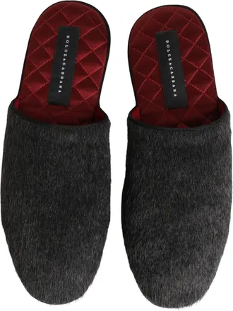 Dolce & Gabbana Mens Dark Grey Charcoal Wool Red Slippers Shoes Gray
