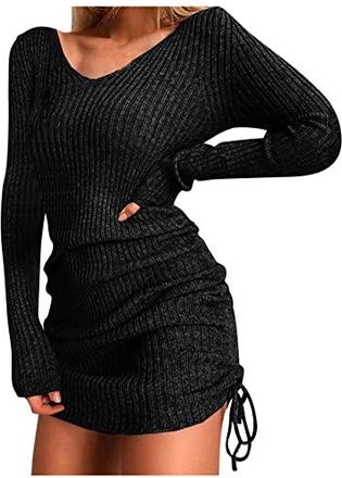 Generic Robes amincissantes pour femmes robe tricot&eacute;e col en V couleur unie fronc&eacute; extensible cordon de serrage manches longues moulants mini, Noir, XXL